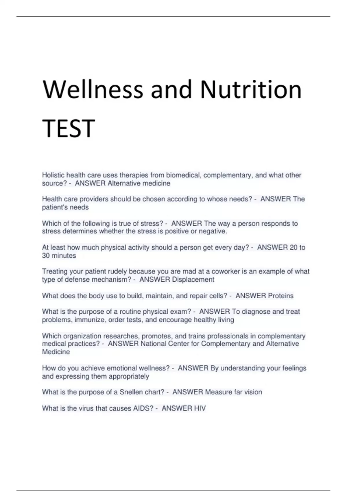 Wellness and Nutrition TEST 100% CORRECT ANSWERS - Wellness and ...
