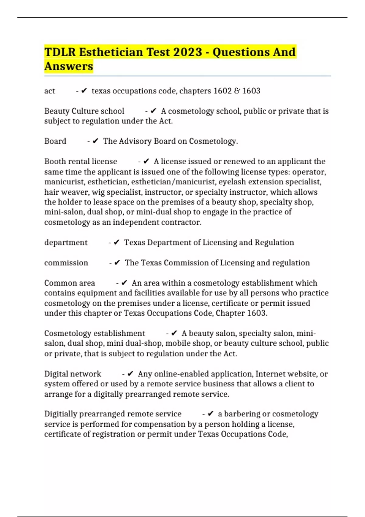 TDLR Esthetician Test 2023 - Questions And Answers - TDLR - Stuvia US