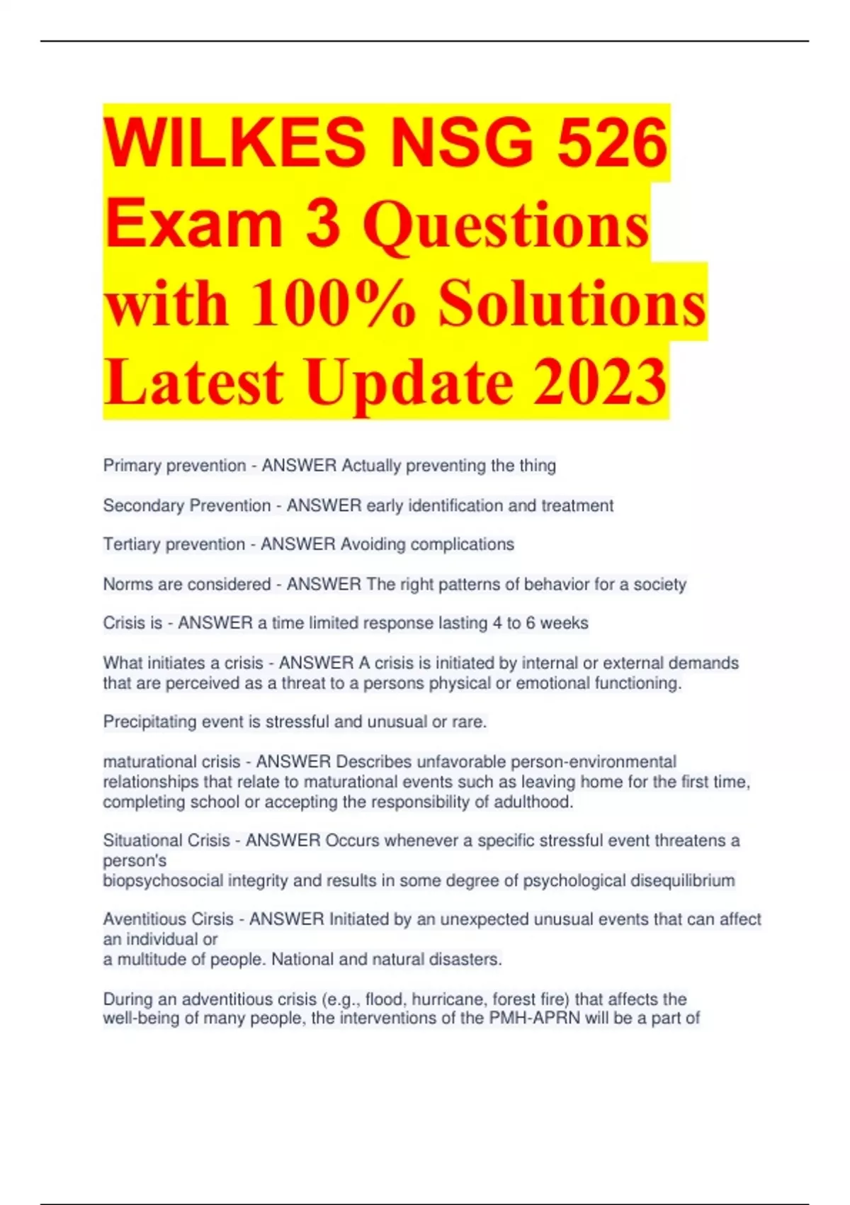WILKES NSG 526 Exam 3 Questions with 100 % CORRECT ANSWERS - NSG 526 - Stuvia US