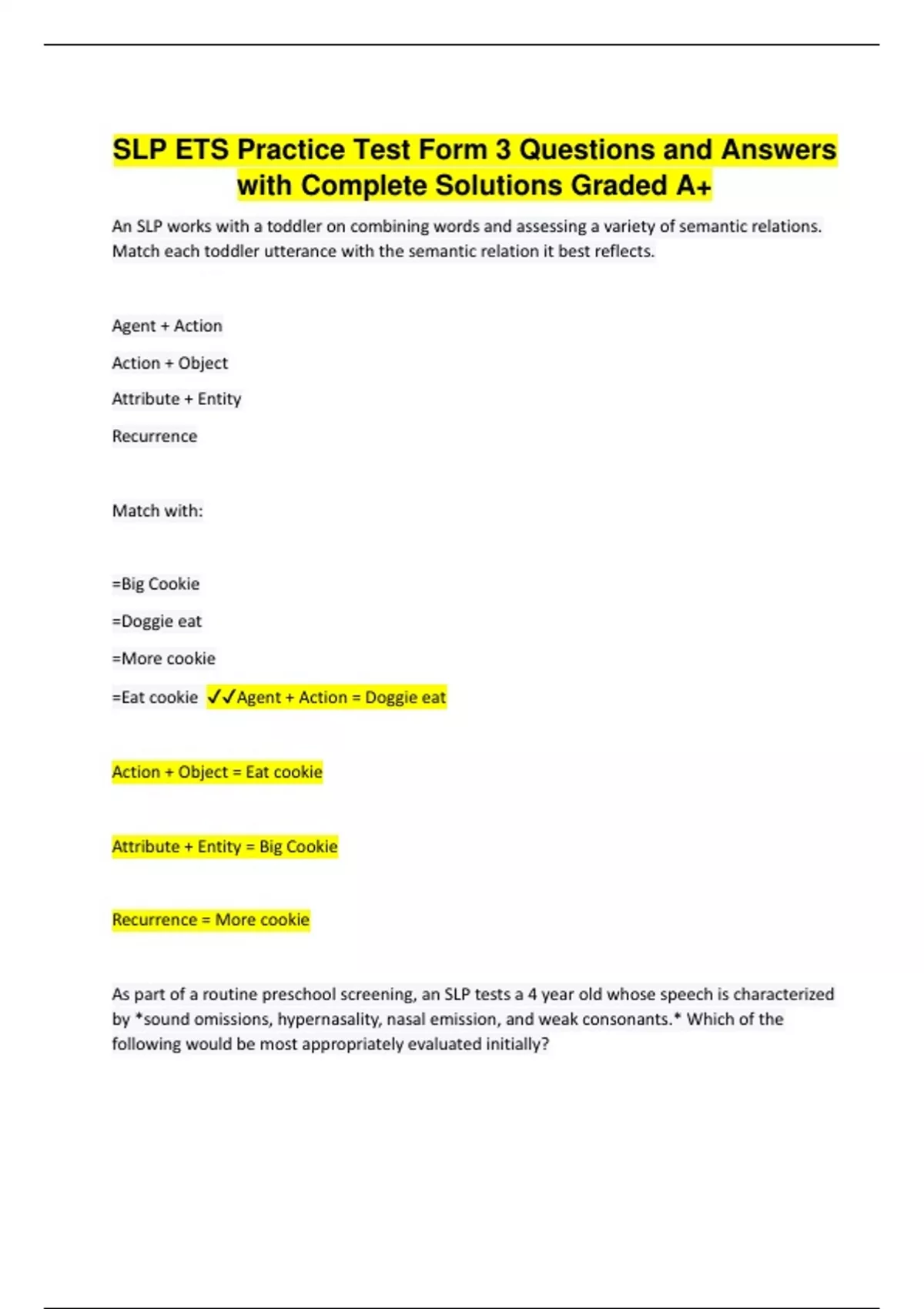 SLP ETS Practice Test Form 3 Questions and Answers with Complete ...