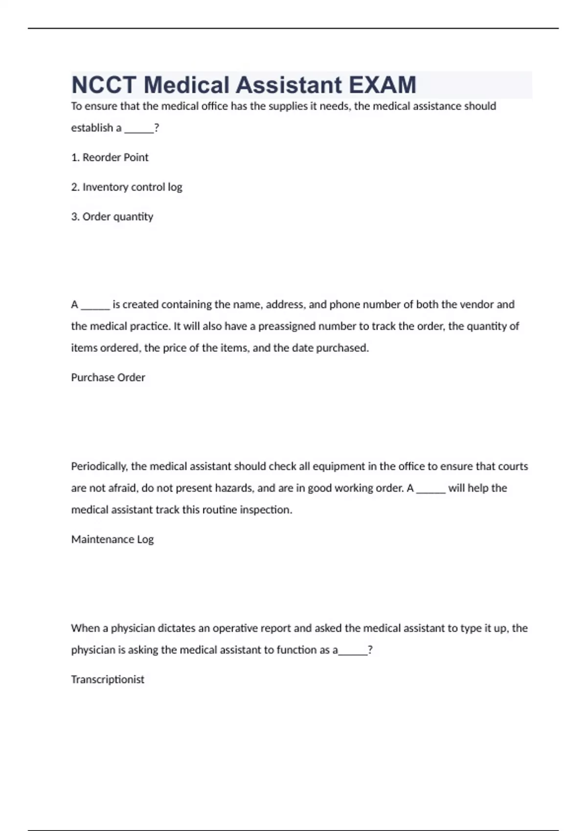 NCCT Medical Assistant Exam with actual questions and answers 2025 ...