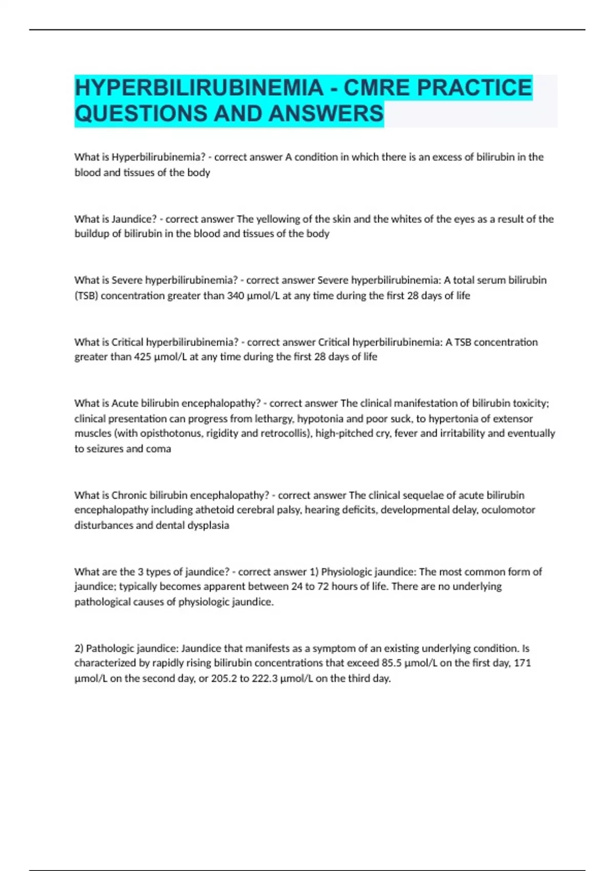 HYPERBILIRUBINEMIA - CMRE PRACTICE Questions And Answers Latest Updates ...