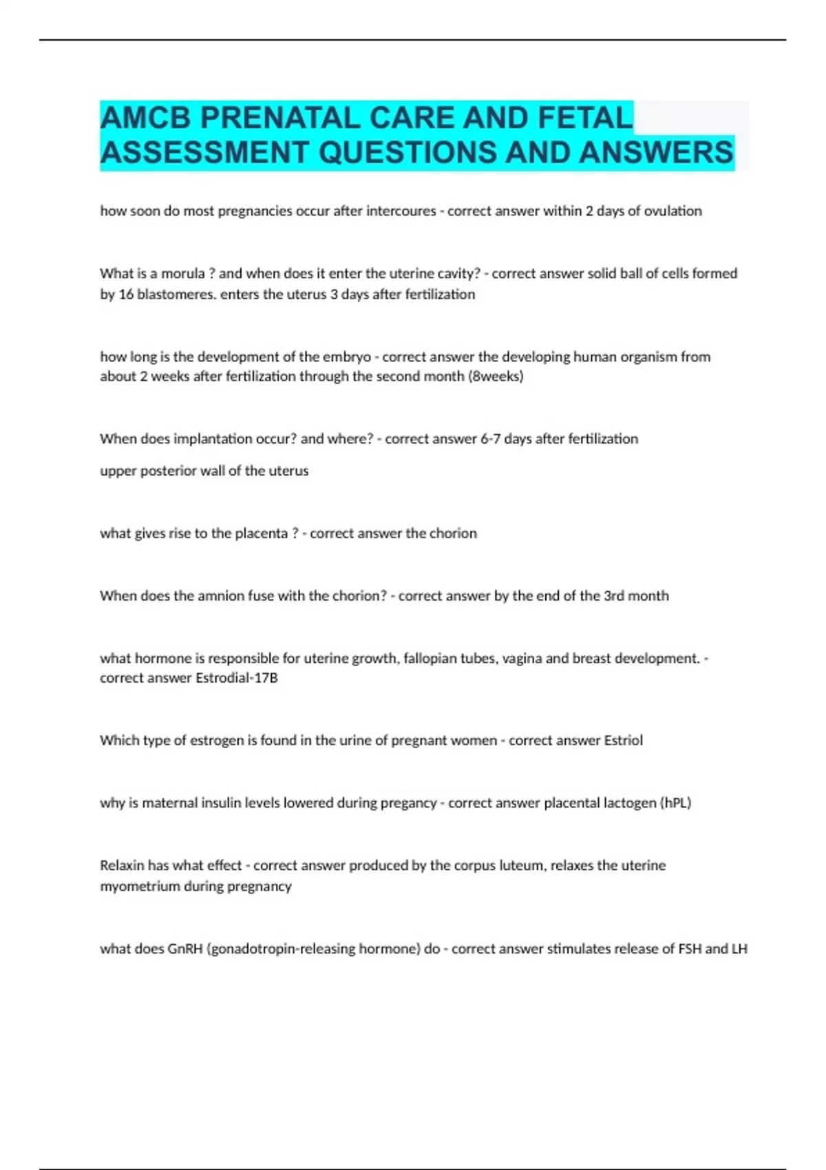 AMCB PRENATAL CARE AND FETAL ASSESSMENT QUESTIONS AND ANSWERS - Amcb ...