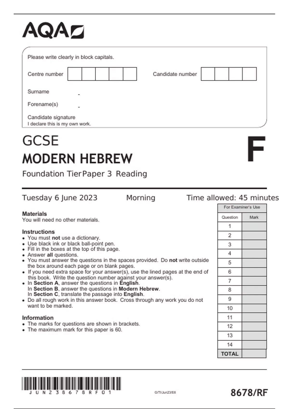 AQA GCSE MODERN HEBREW Foundation Tier Paper 3 Reading June 2023 ...
