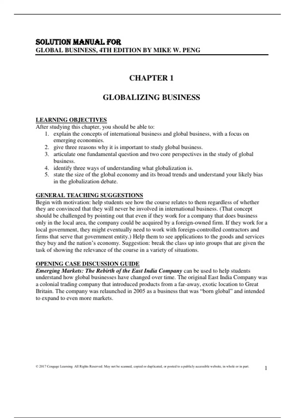 SOLUTION MANUAL FOR GLOBAL BUSINESS, 4TH EDITION BY MIKE W. PENG. - SM+TB - Stuvia US