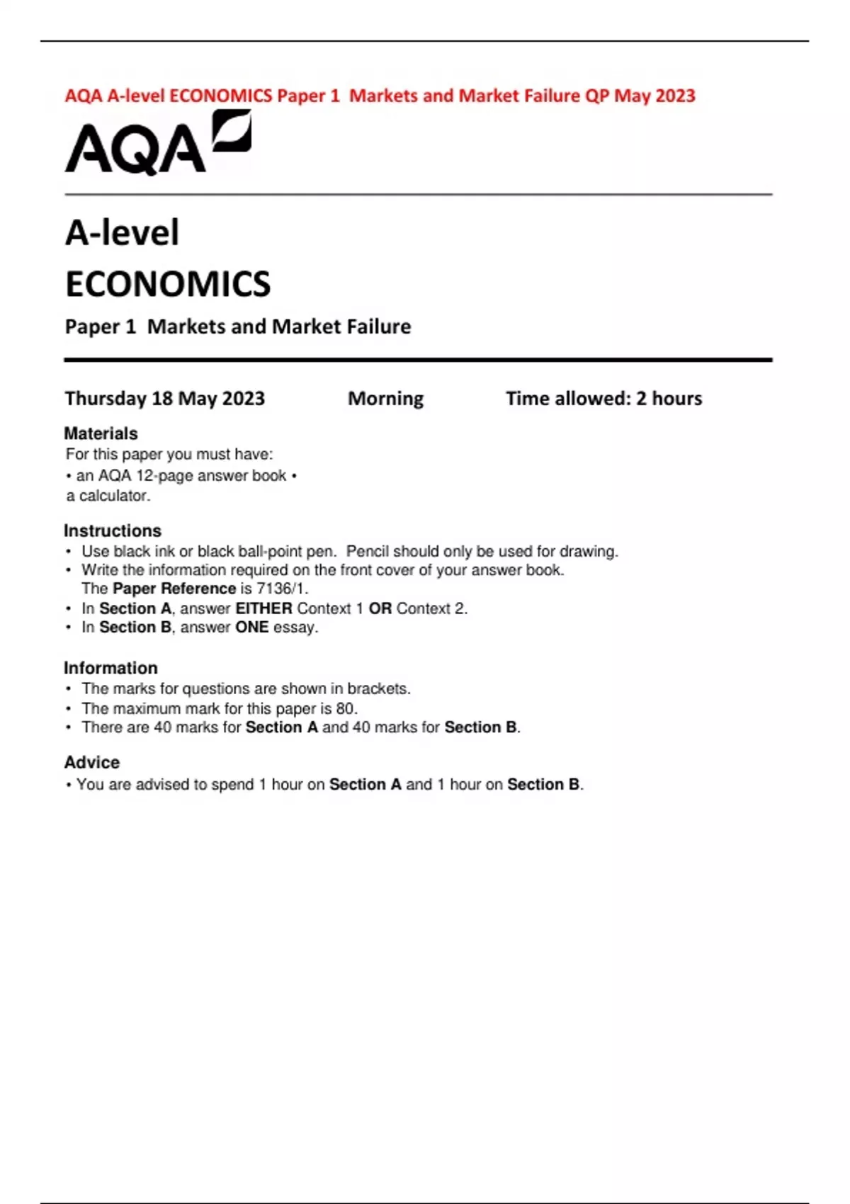 AQA A-level ECONOMICS Paper 1 Markets and Market Failure QP May 2023 ...