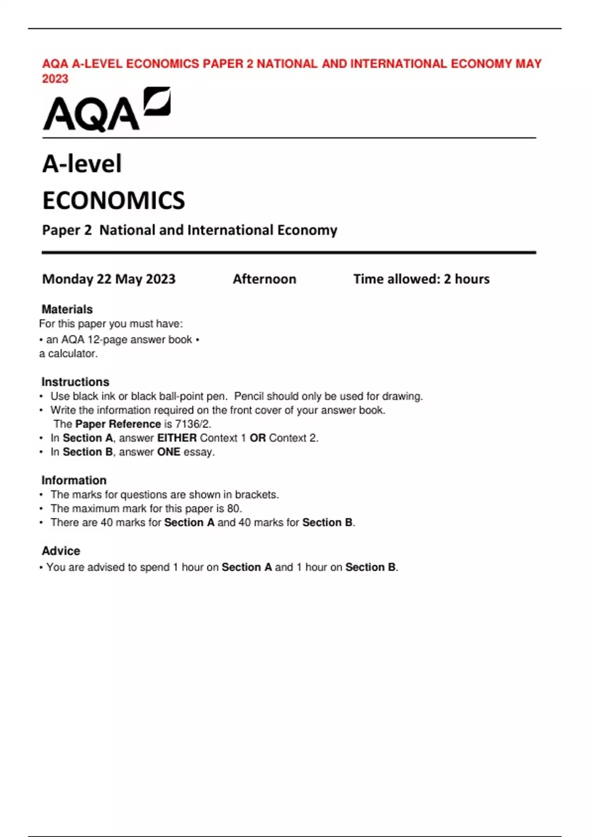AQA A-LEVEL ECONOMICS PAPER 2 NATIONAL AND INTERNATIONAL ECONOMY MAY ...