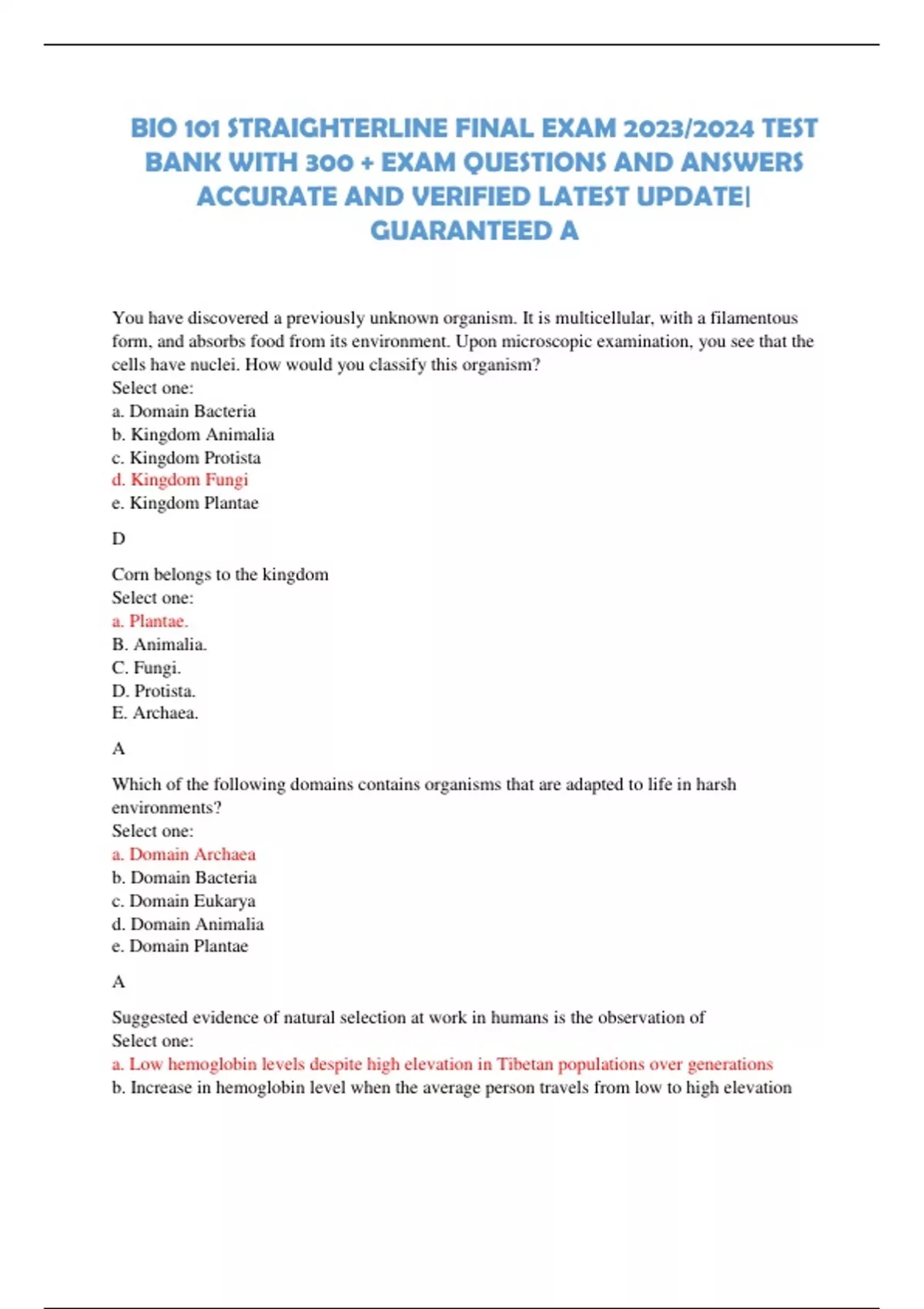 BIO 101 STRAIGHTERLINE FINAL EXAM 2023/2024 TEST BANK WITH 300 + EXAM ...
