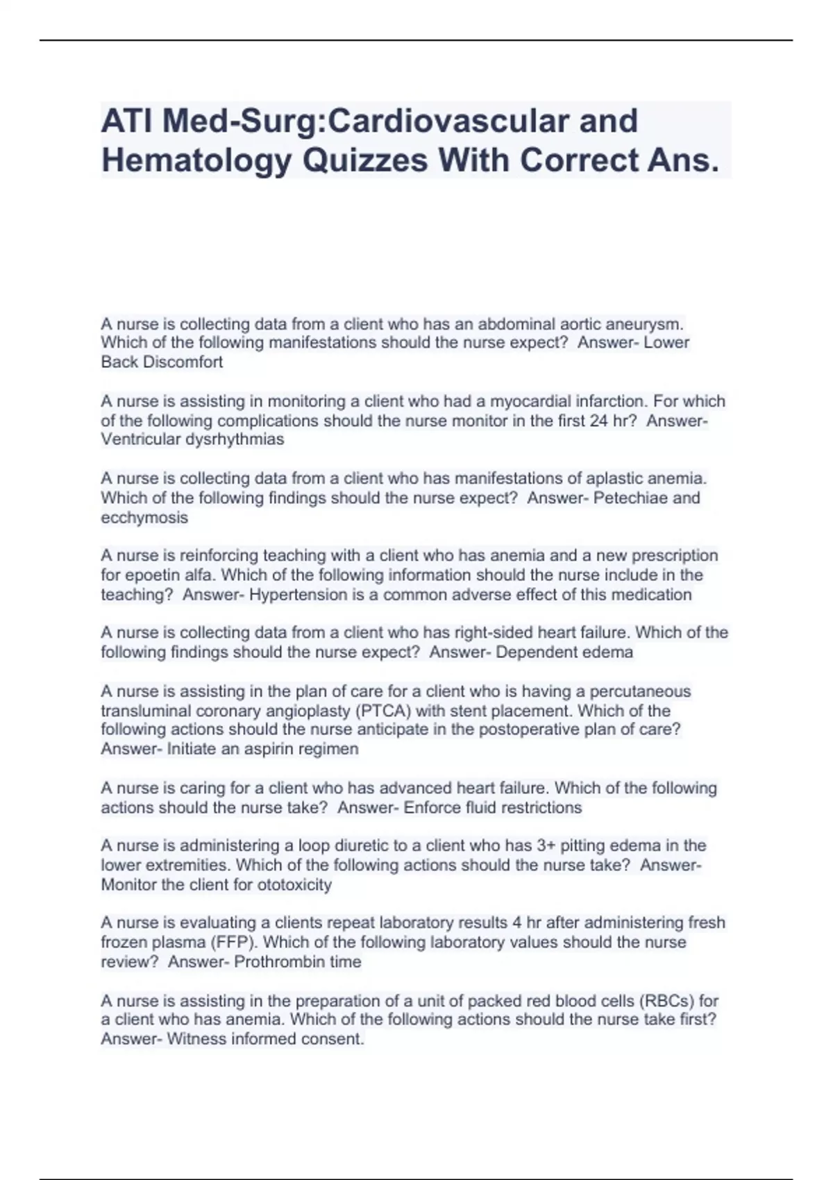 ATI Med-Surg:Cardiovascular and Hematology Quizzes With Correct Ans ...