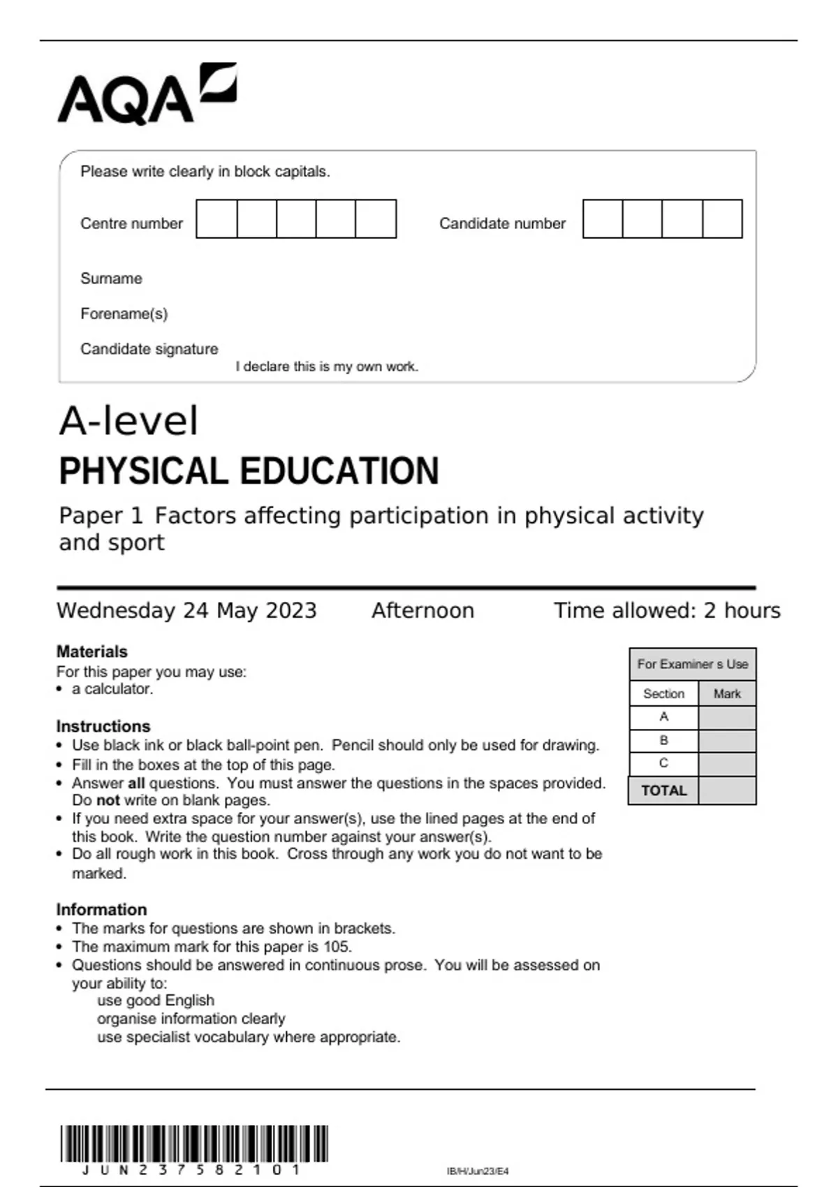 AQA A-level PHYSICAL EDUCATION Paper 1 Factors affecting participation ...