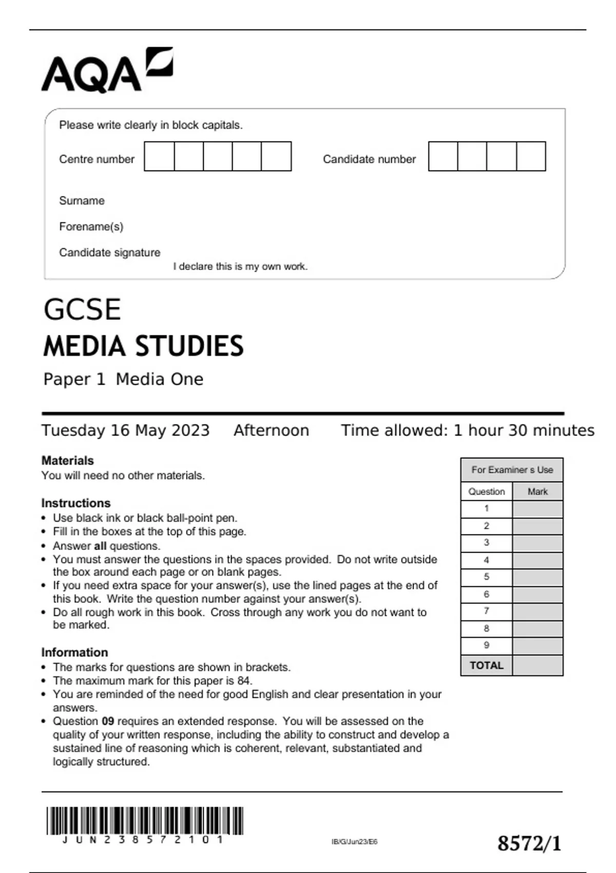 AQA GCSE MEDIA STUDIES Paper 1 Media One Tuesday 16 May 2023 - AQA ...