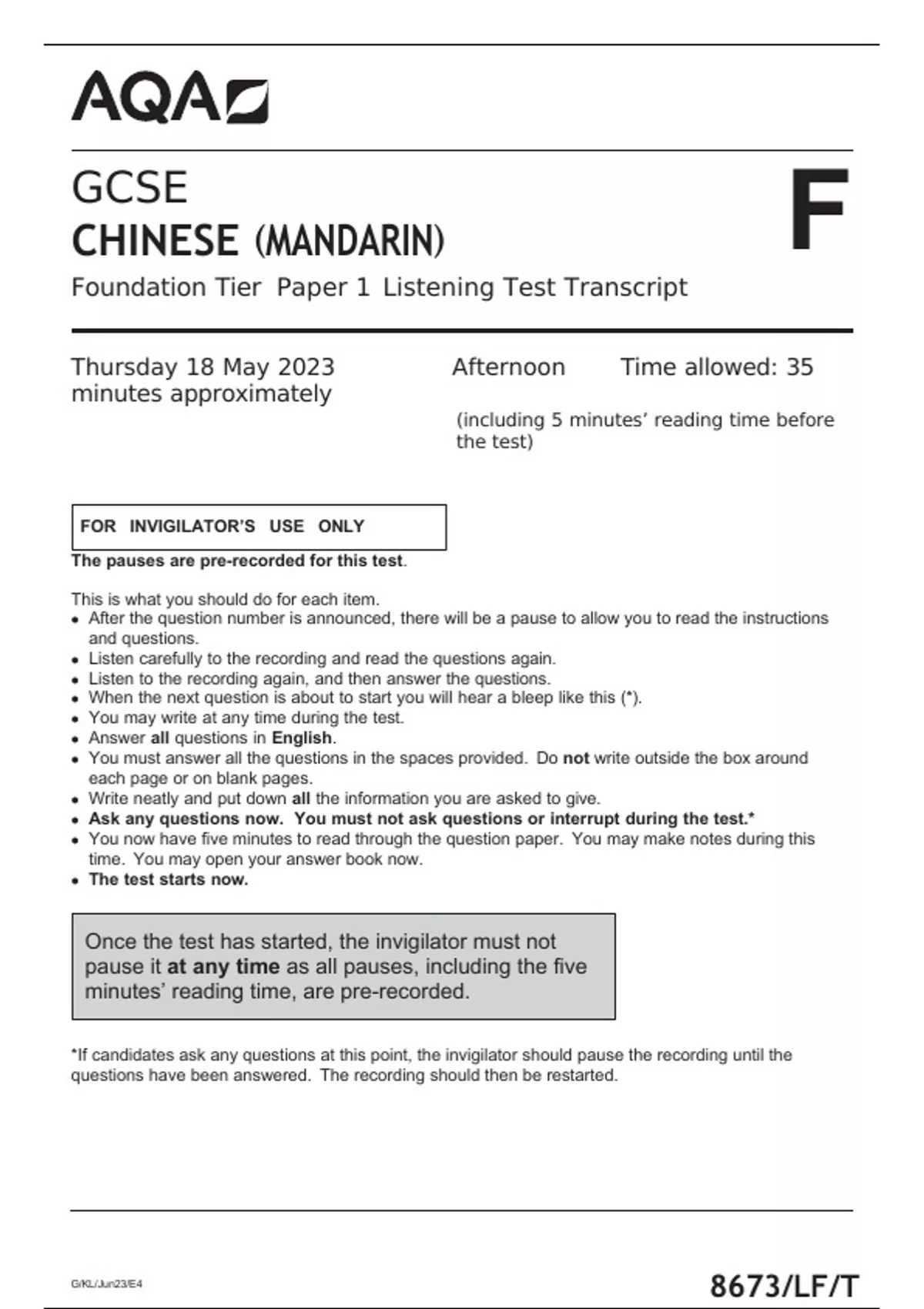 AQA GCSE CHINESE MANDARIN Foundation Tier Paper 1 Listening Test ...