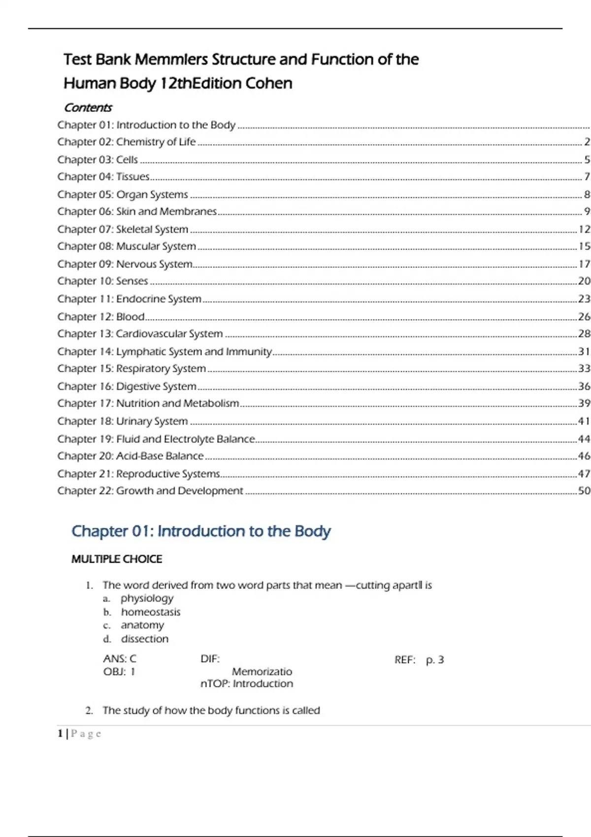 Test Bank Memmlers Structure and Function of the Human Body 12th ...