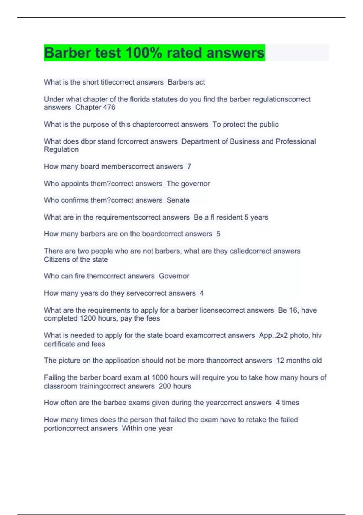 Barber test 100% correct questions and answers 2023 - BARBER - Stuvia US