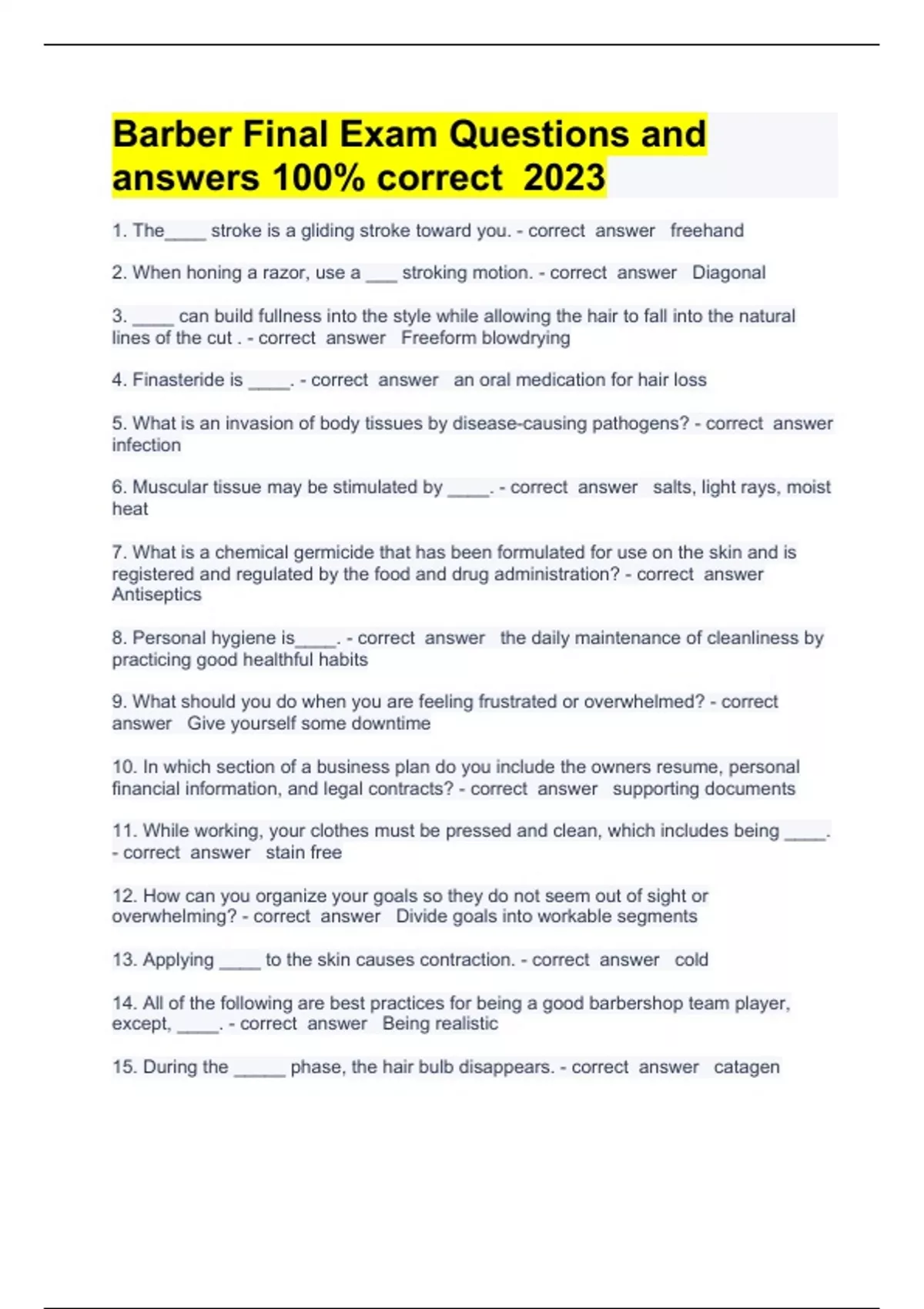 Barber Final Exam Questions and answers 100% correct 2023 - BARBER ...