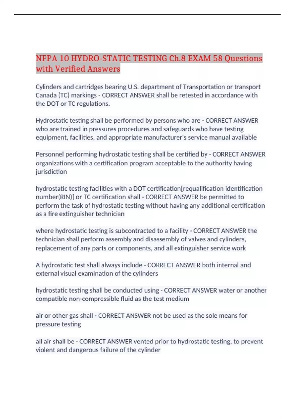 NFPA 10 HYDRO-STATIC TESTING Ch.8 EXAM 58 Questions with Verified ...