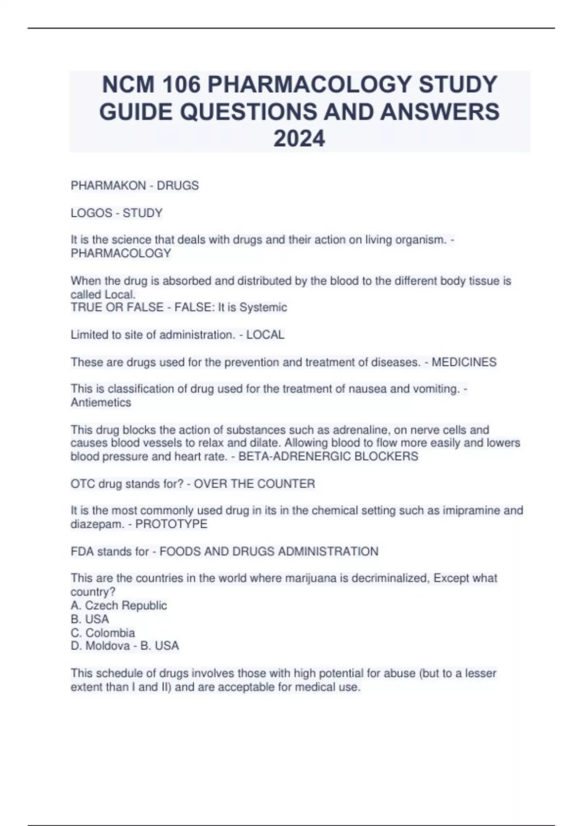 NCM 106 PHARMACOLOGY STUDY GUIDE QUESTIONS AND ANSWERS 2024 - NCM 106 ...