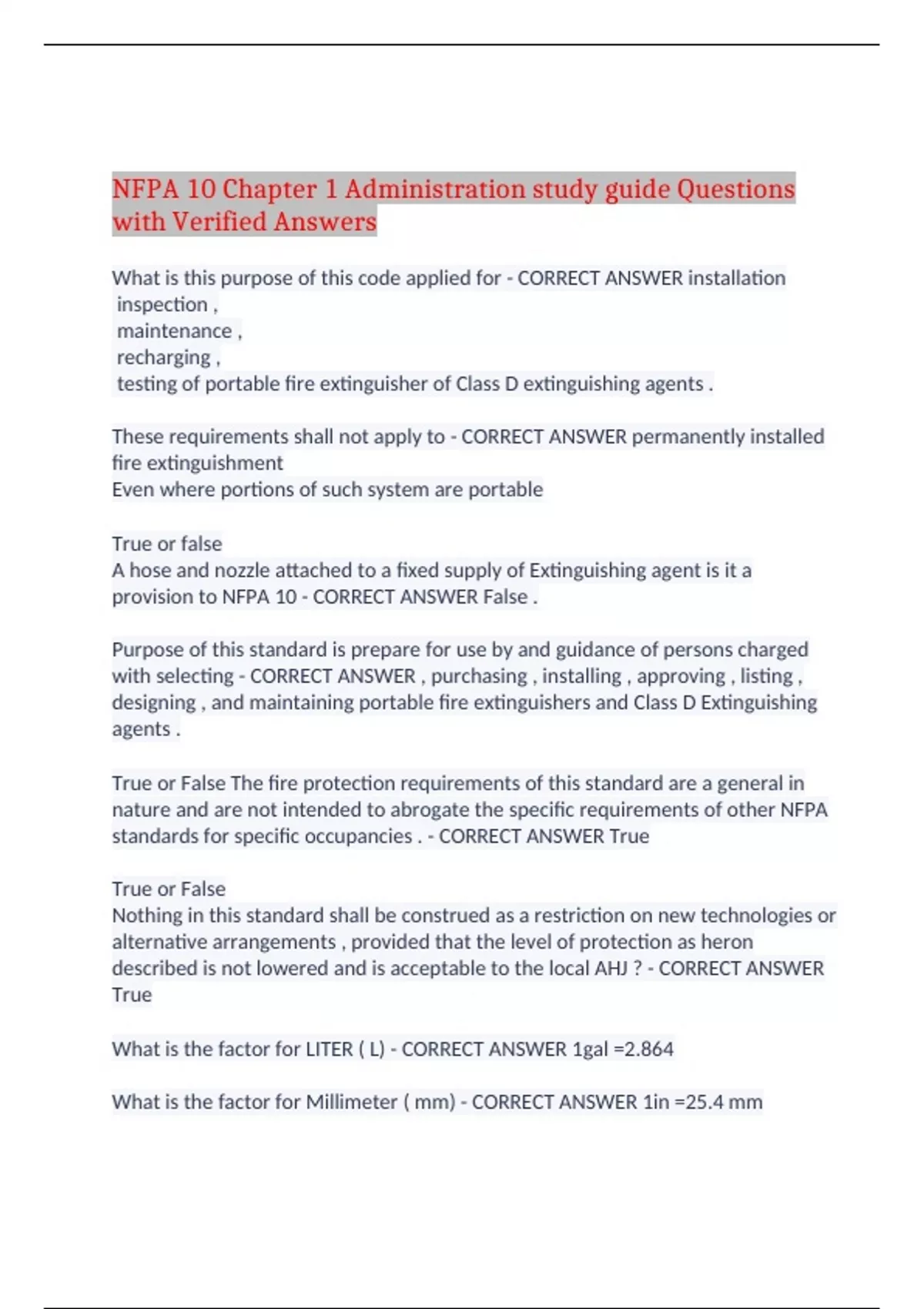 NFPA 10 Chapter 1 Administration study guide Questions with Verified ...