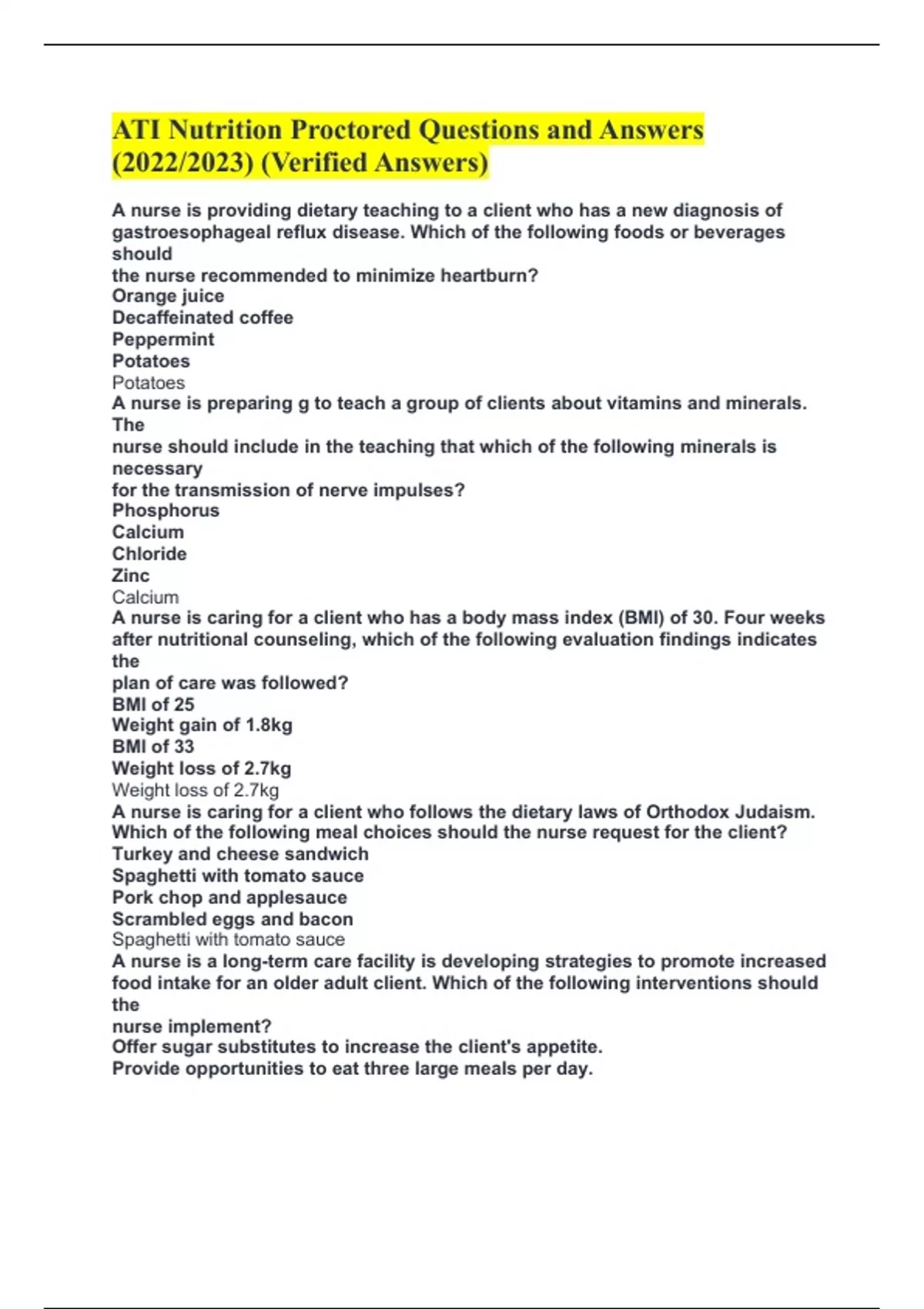 ATI Nutrition Proctored Questions and Answers (2022/2023) (Verified ...