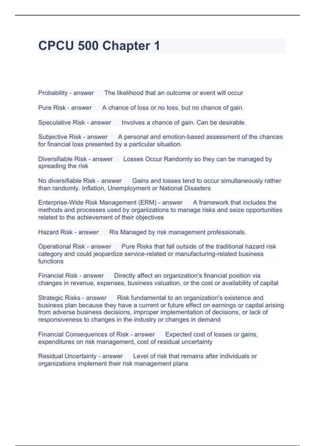 CPCU 500 Chapter 1 Questions with solutions 2023 - CPCU - Stuvia US