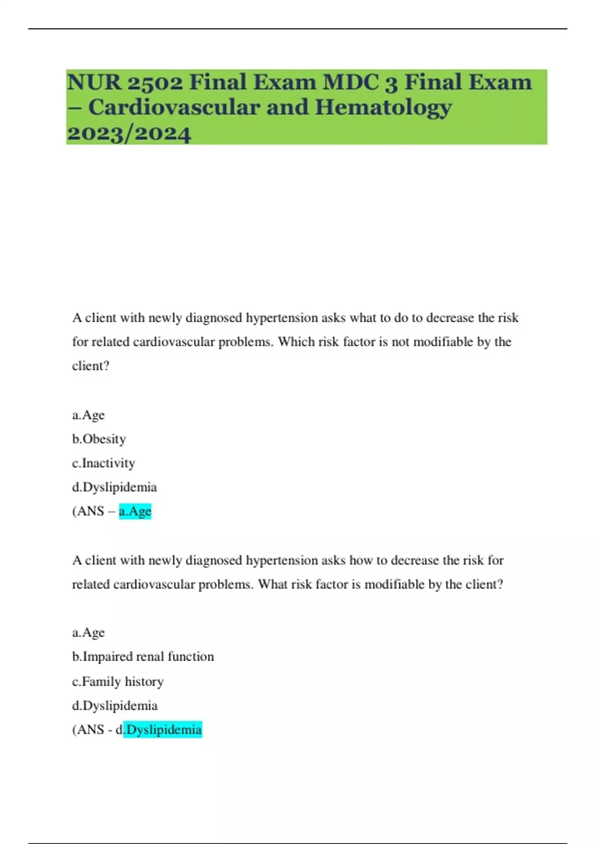 NUR 2502 Final Exam MDC 3 Final Exam – Cardiovascular and Hematology ...