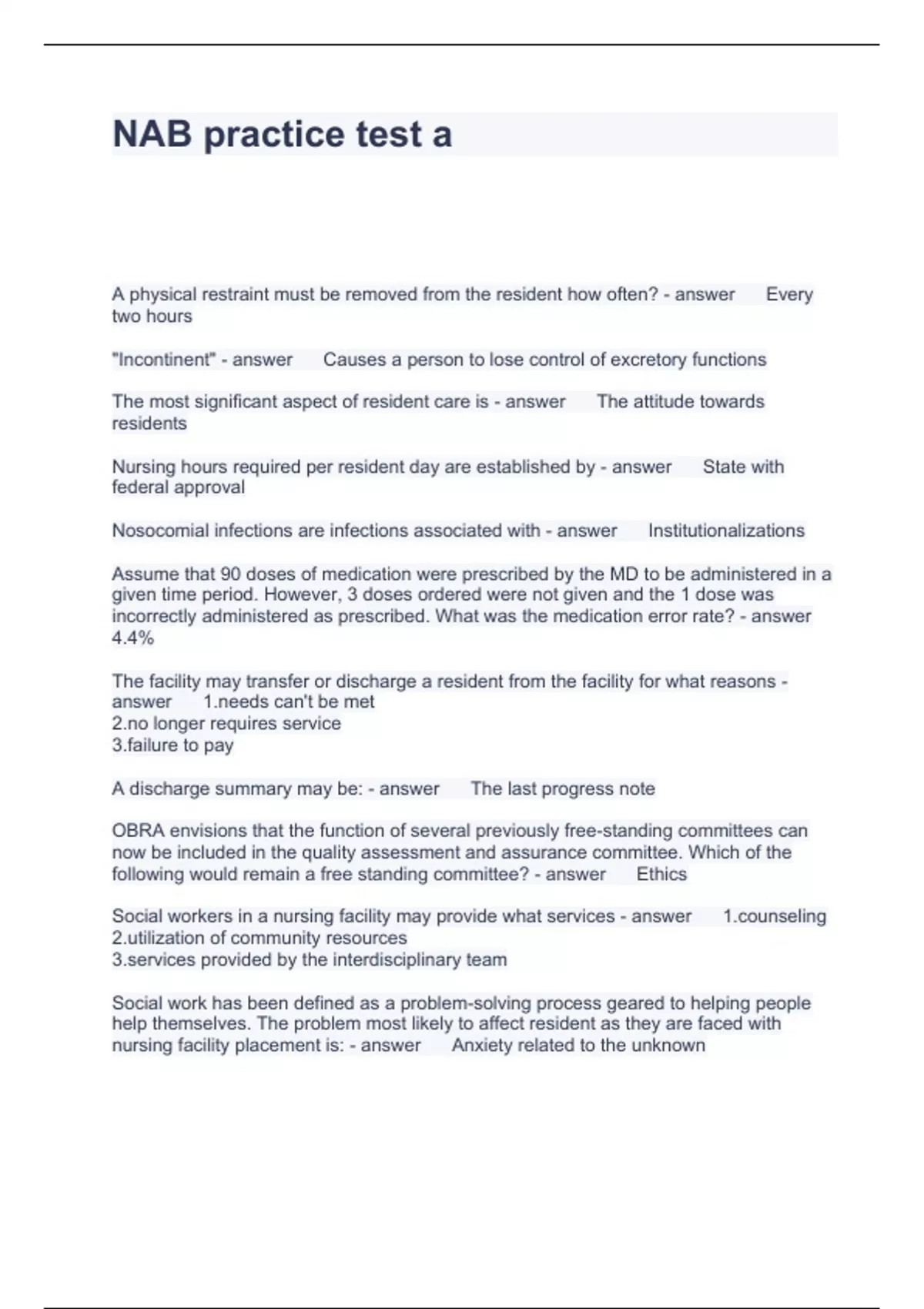 NAB practice test a Questions and Answers Graded A+ 2023 - Nab - Stuvia US