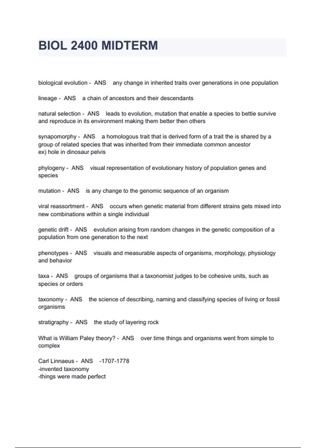 BIOL 2400 MIDTERM EXAM QUESTIONS AND ANSWERS - BIOL 2400 - Stuvia US