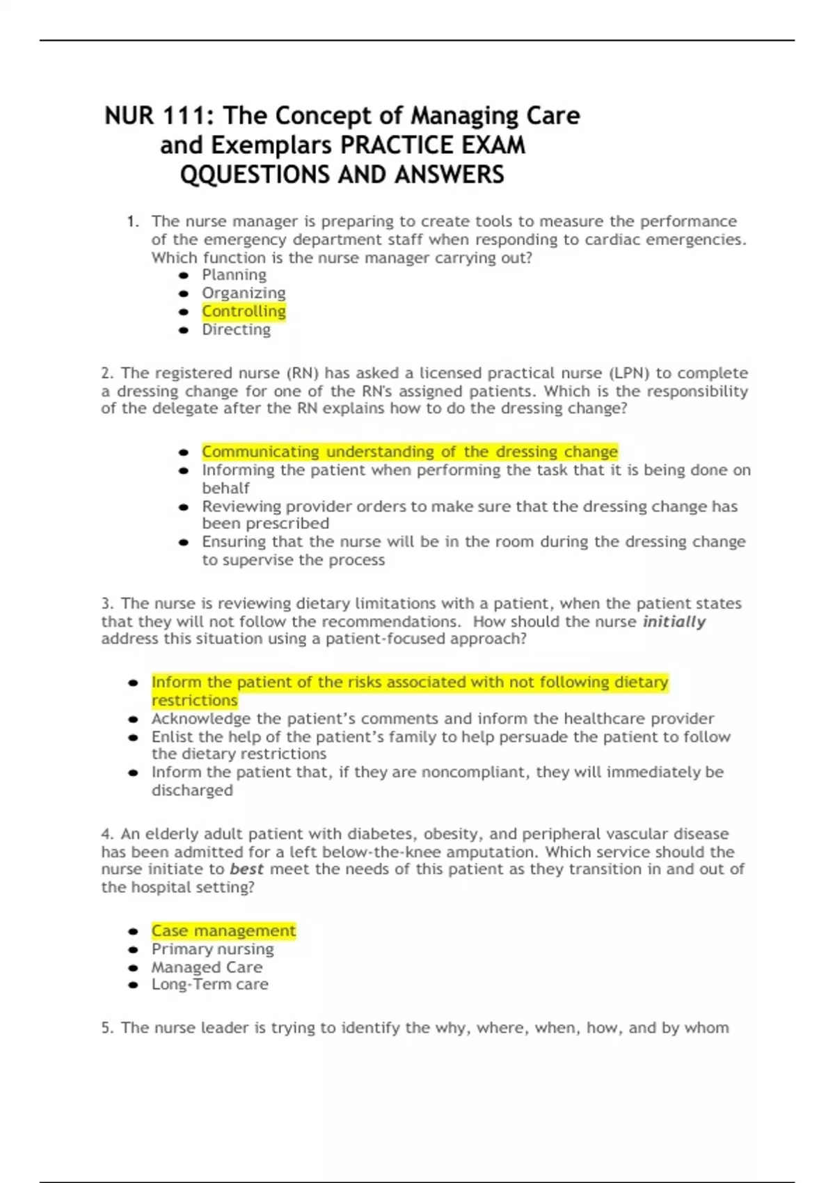 NUR 111: The Concept of Managing Care and Exemplars PRACTICE EXAM ...