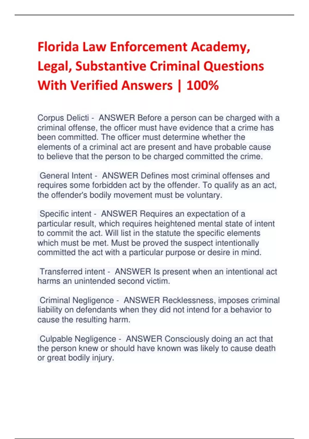Florida Law Enforcement Academy, Legal, Substantive Criminal Questions ...