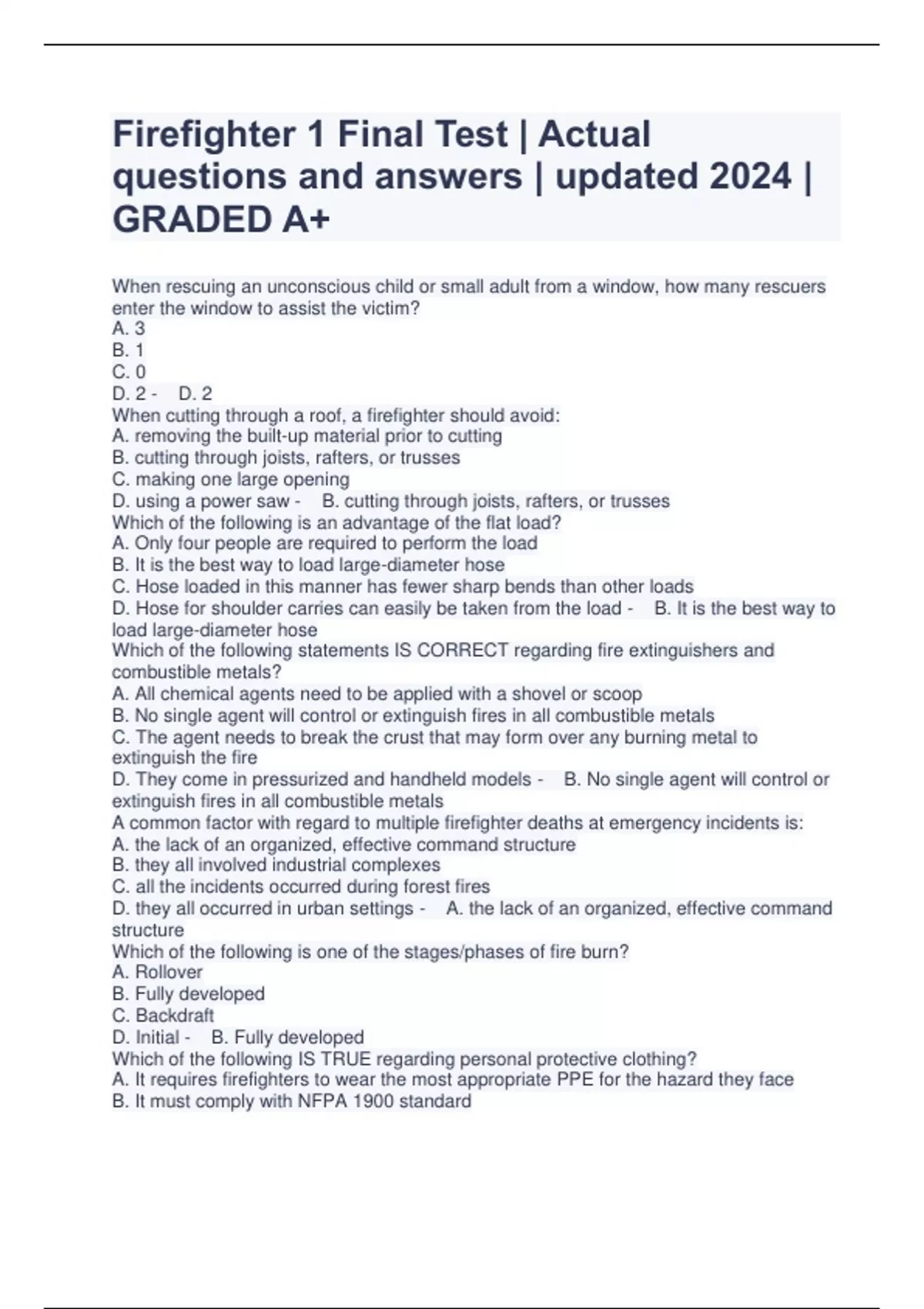 Firefighter 1 Final Test | Actual questions and answers | updated 2024 ...