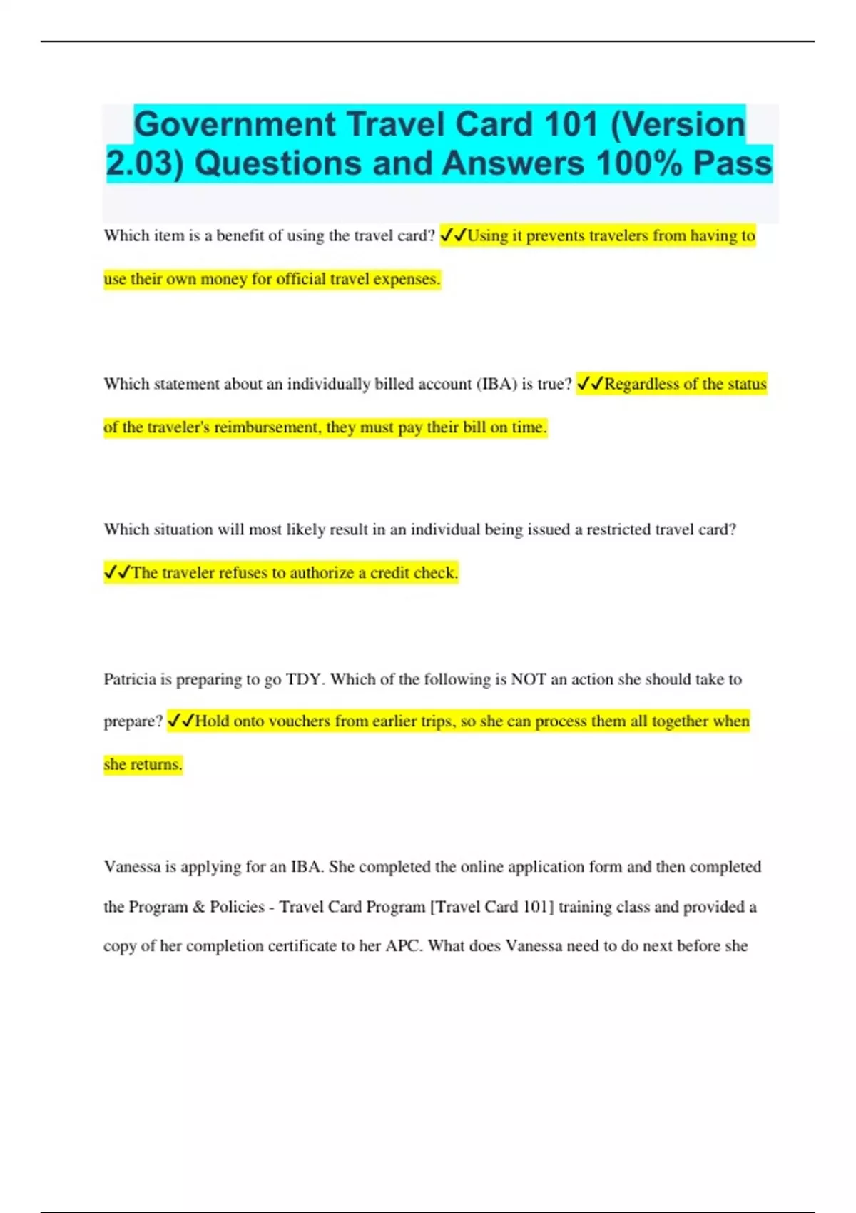 Travel Card Bundled Exams Questions and Answers (2023/2024) (Complete ...