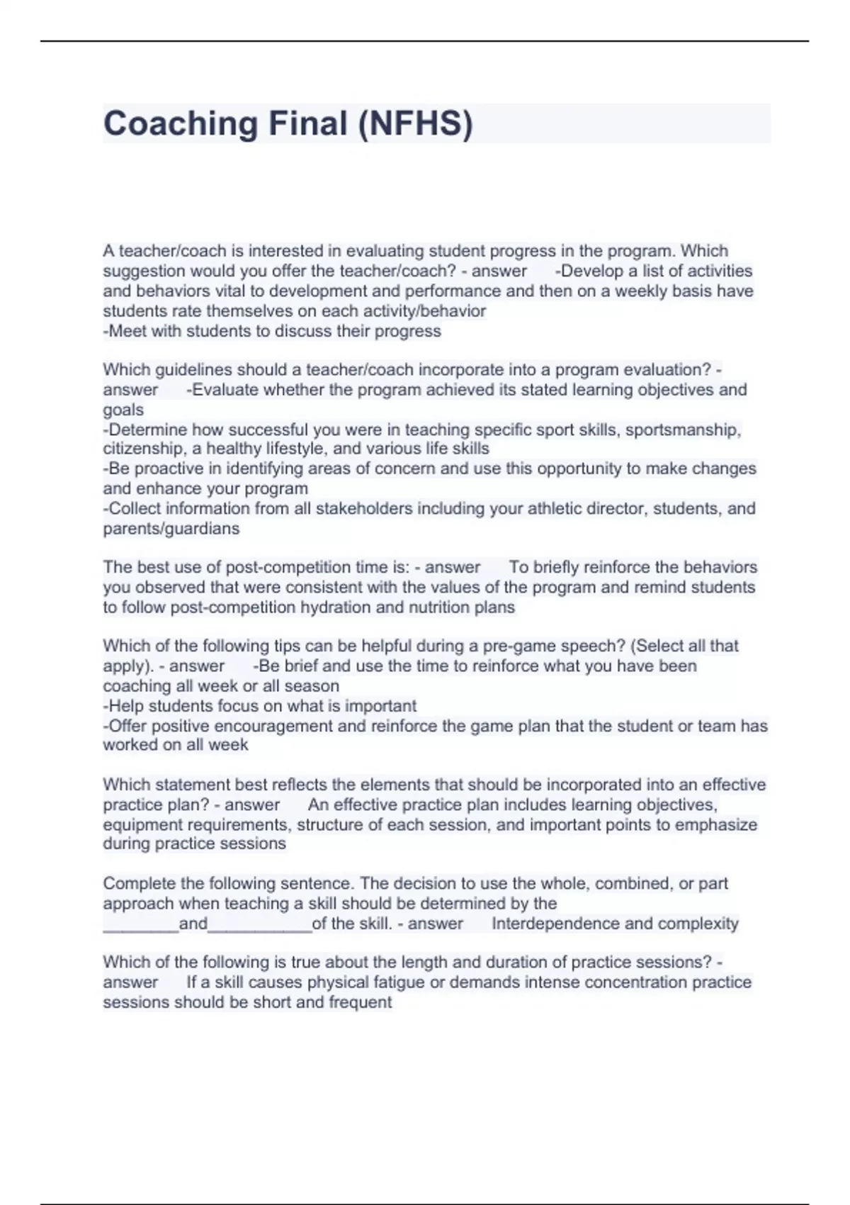 Coaching Final (NFHS) Questions and Answers 100% correct 2023 - Nfhs ...