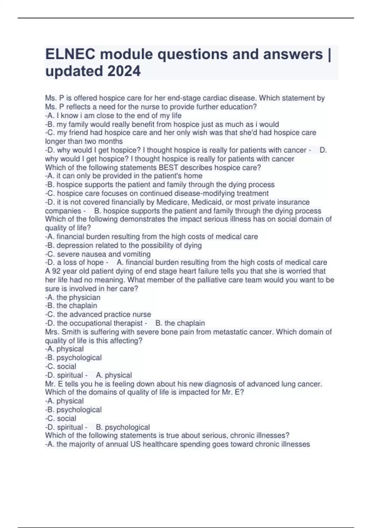 ELNEC module questions and answers | updated 2024 - ELNEC - Stuvia US