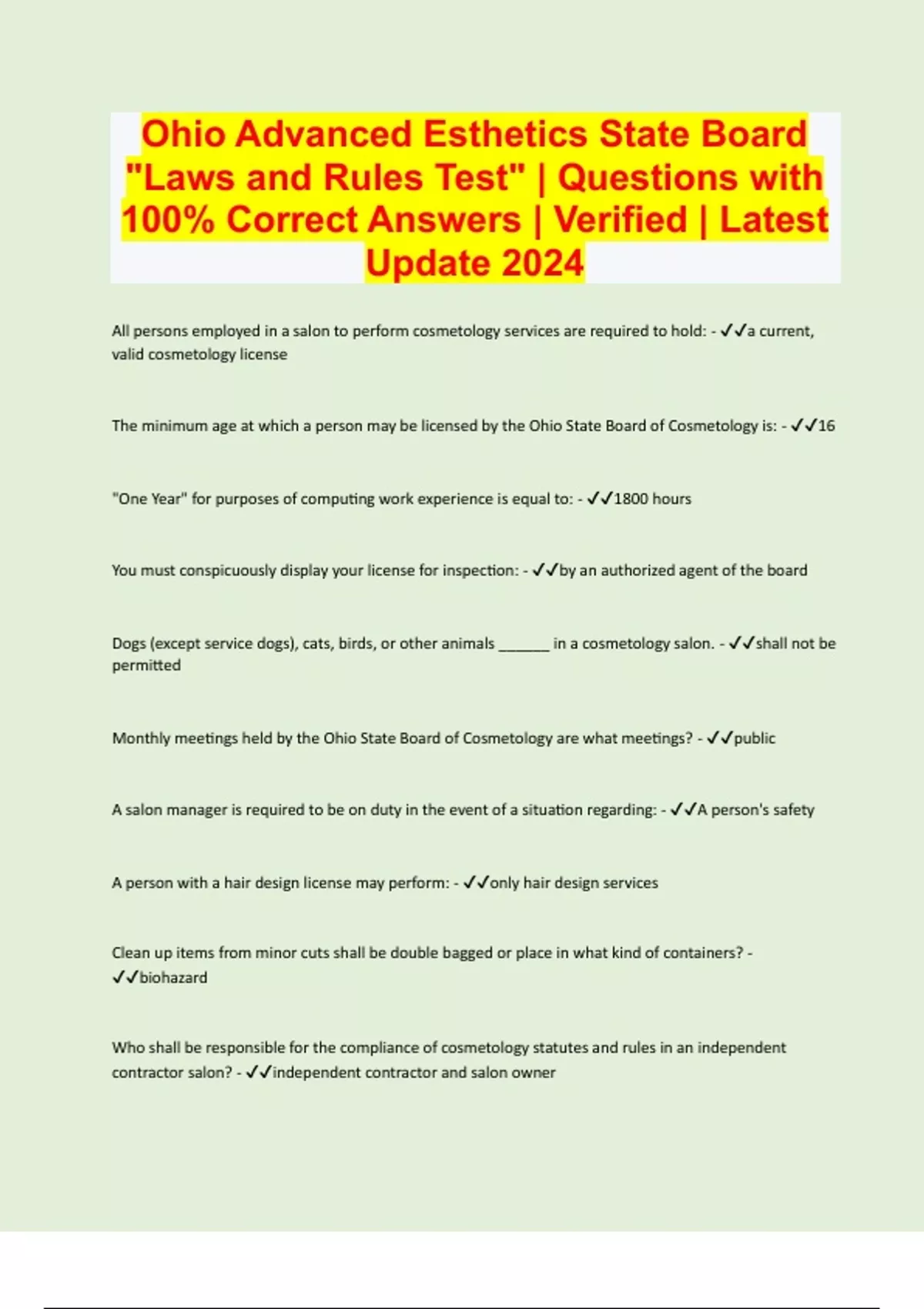 Ohio Advanced Esthetics State Board "Laws and Rules Test" | Questions ...