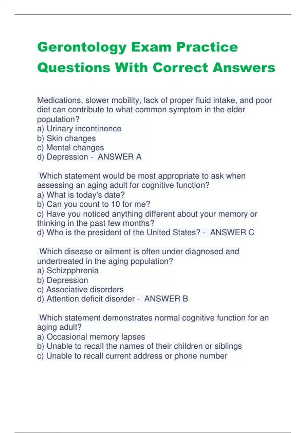 Gerontology Exam Practice Questions With Correct Answers - Gerontology ...