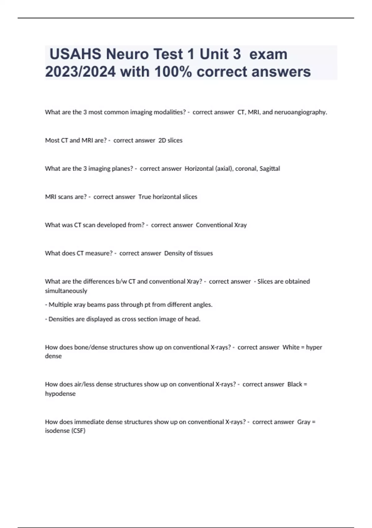 USAHS Neuro Test 1 Unit 3 exam 2023/2024 with 100% correct answers ...