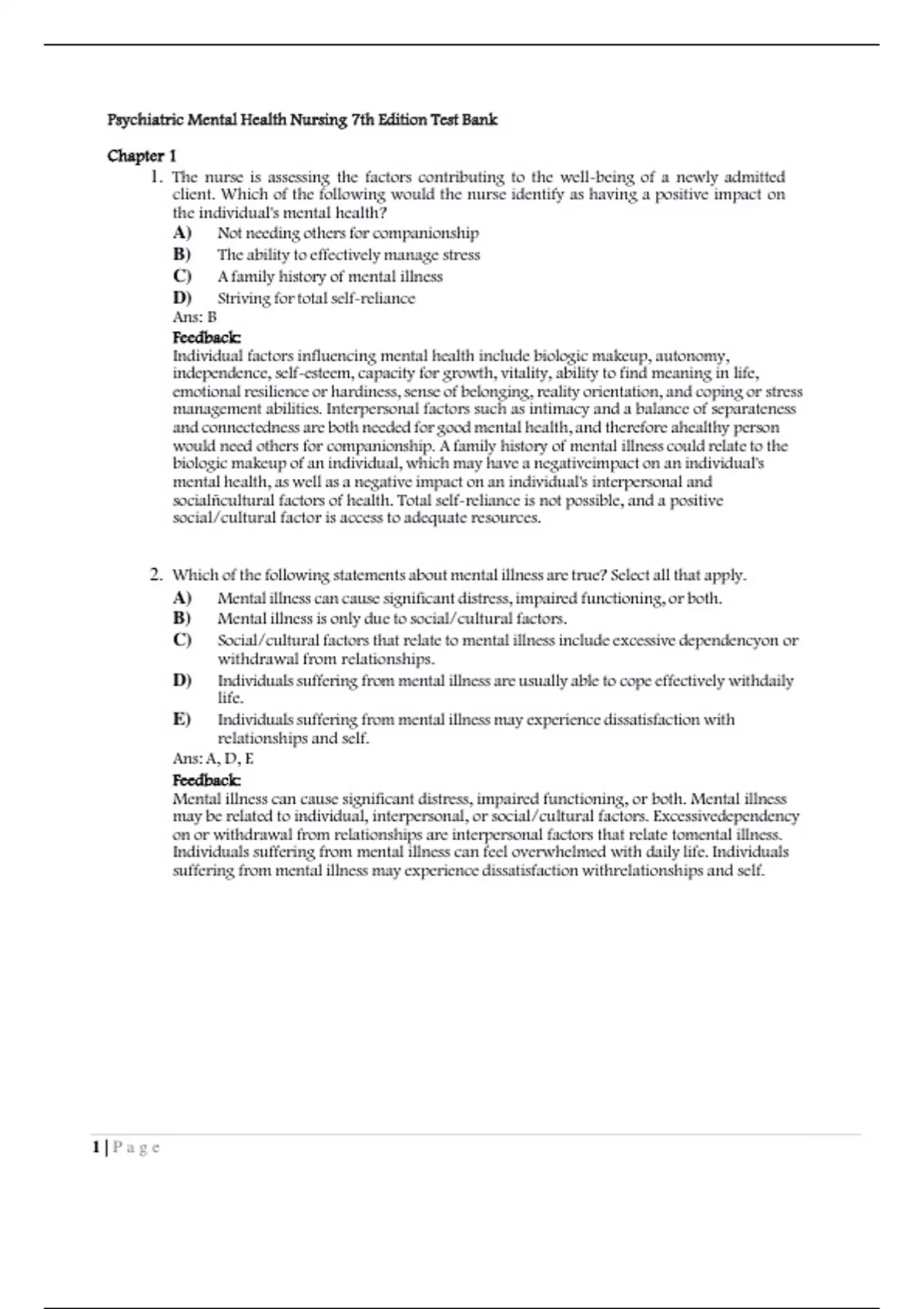 TEST BANK PSYCHIATRIC MENTAL HEALTH NURSING 7TH EDITION VIDEBECK ...