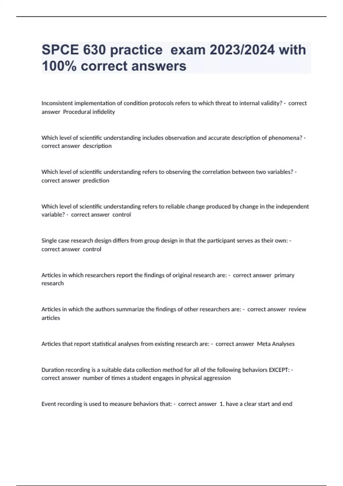 SPCE 630 Final BUNDLED Exam 2023/2024 with 100% correct answers - Stuvia US