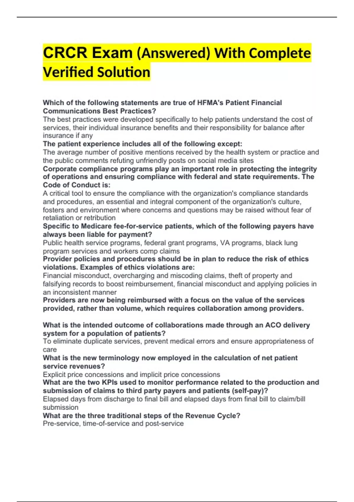 CRCR Exam (Answered) With Complete Verified Solution - CRCR - Stuvia US