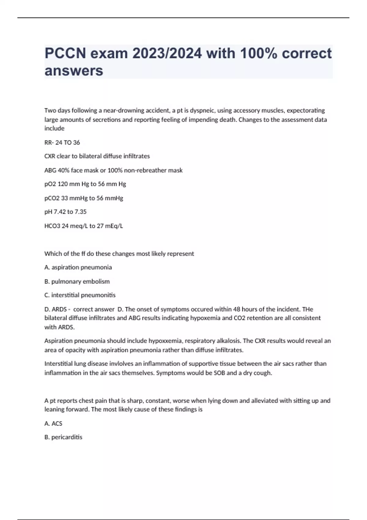 PCCN exam 2023/2024 with 100% correct answers - PCCN - Stuvia US