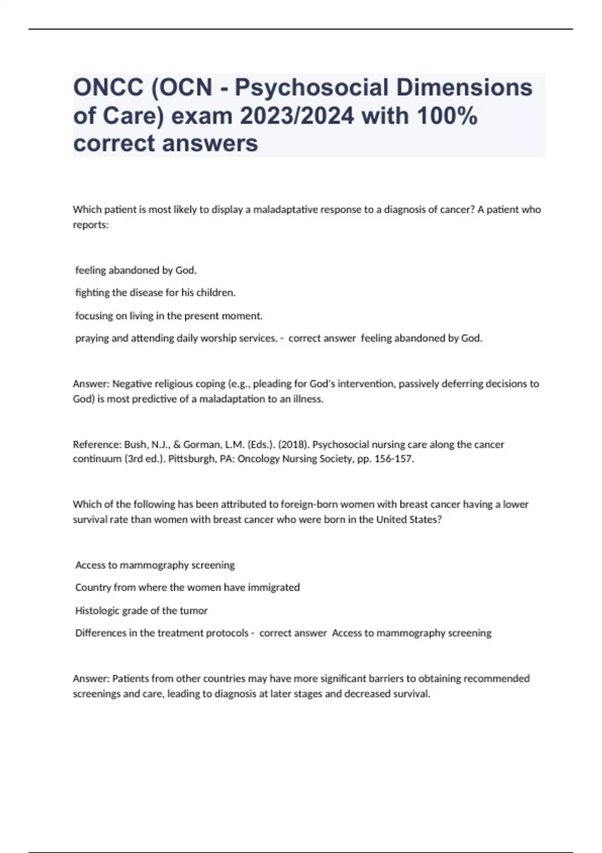 ONCC (OCN - Psychosocial Dimensions of Care) exam 2023/2024 with 100% correct answers - ONS/ONCC ...