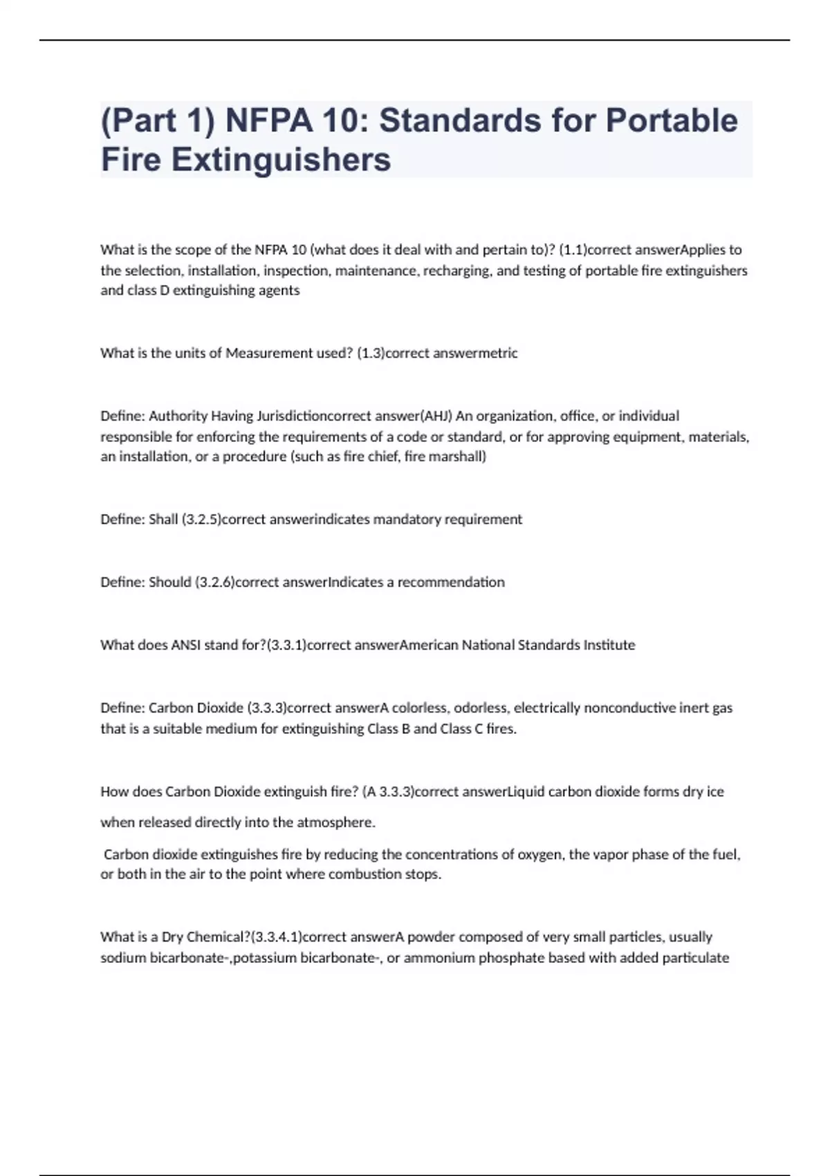 (Part 1) NFPA 10 exam with correct answers- Standards for Portable Fire ...