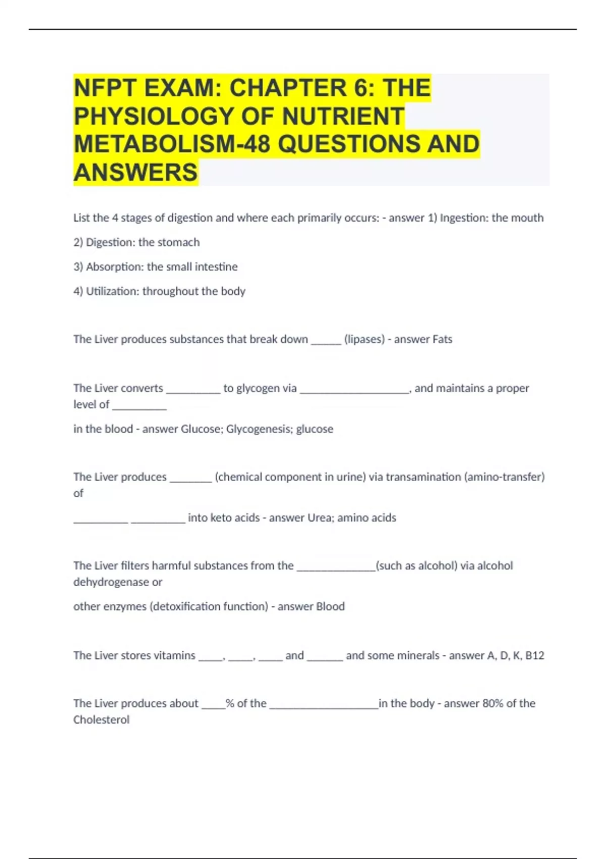 NFPT EXAM CHAPTER 6 THE PHYSIOLOGY OF NUTRIENT METABOLISM-48 QUESTIONS ...
