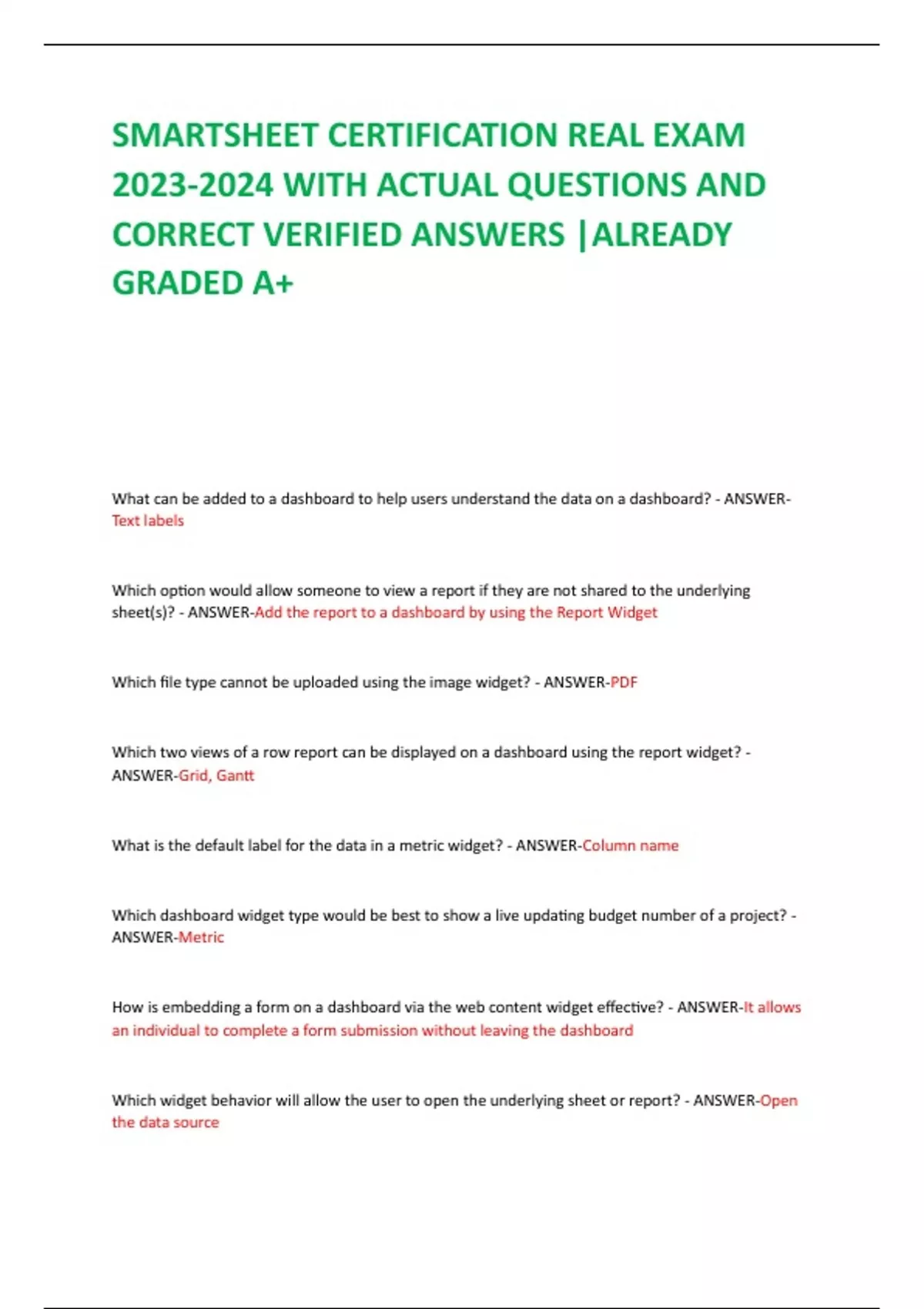 SMARTSHEET CERTIFICATION REAL EXAM WITH ACTUAL QUESTIONS AND CORRECT ...