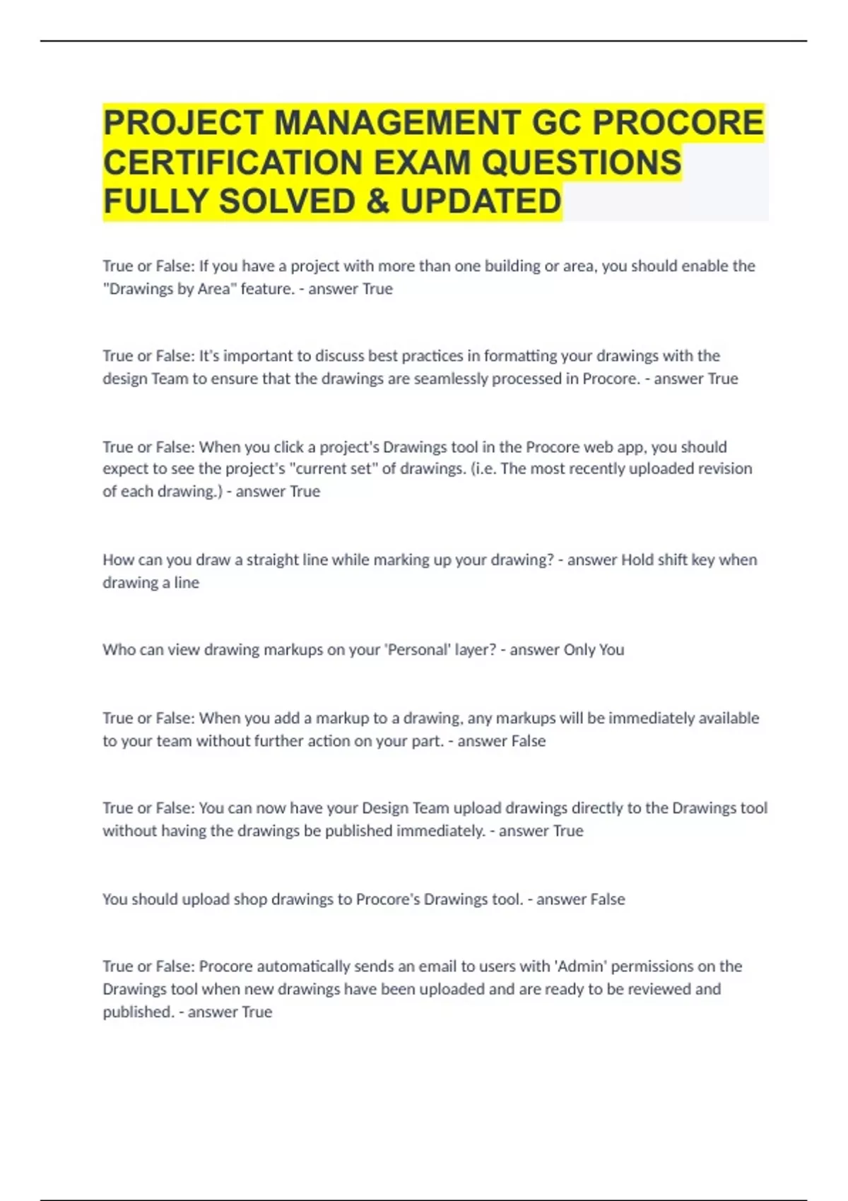 PROJECT MANAGEMENT GC PROCORE CERTIFICATION EXAM QUESTIONS FULLY SOLVED ...