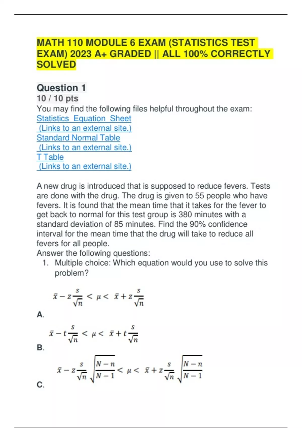 Math 110 Module 6 Exam Statistics Test Exam 2023 A Graded All 100 Correctly Solved Math