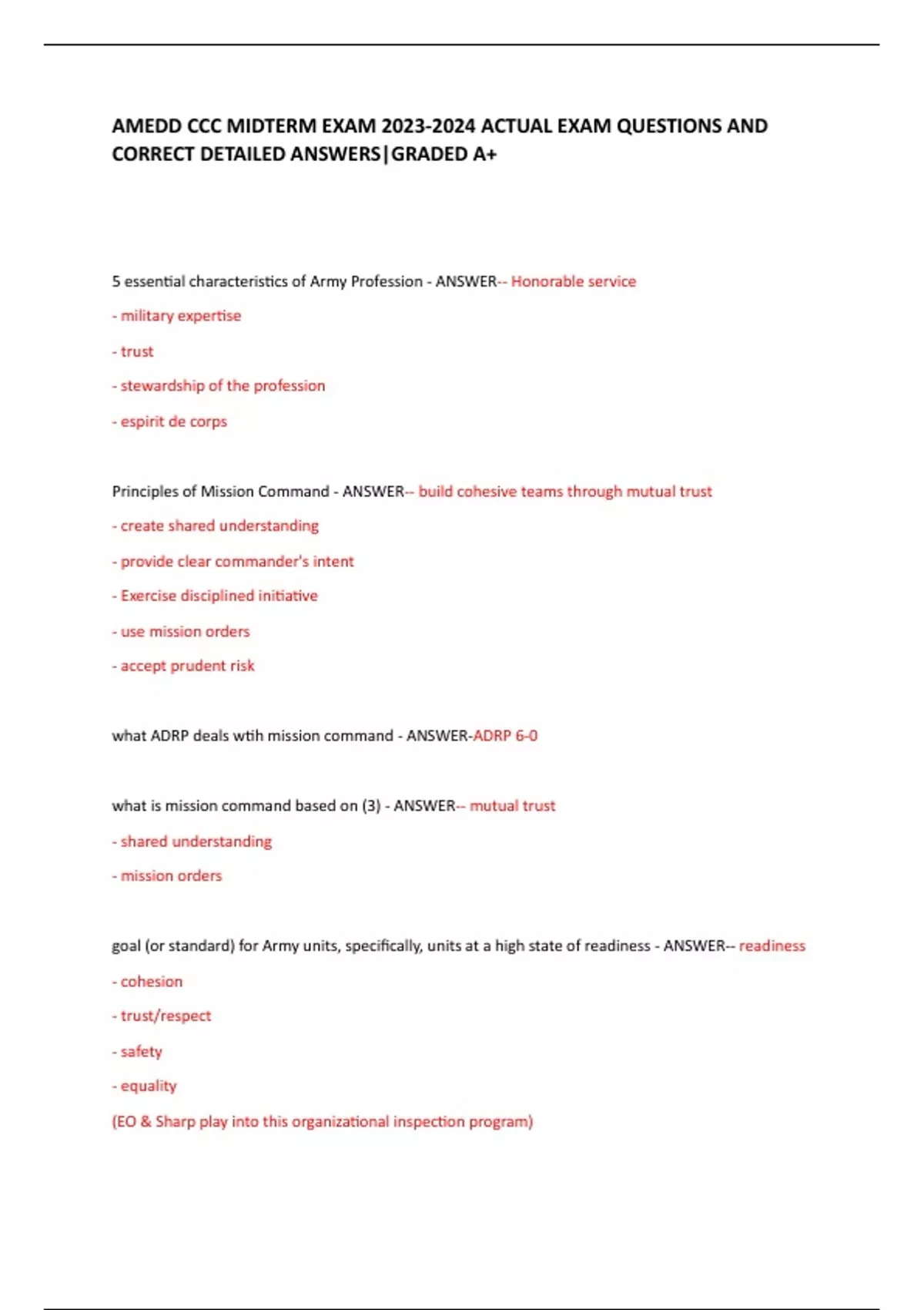 Amedd Ccc Midterm Exam Actual Exam Questions And Correct Detailed