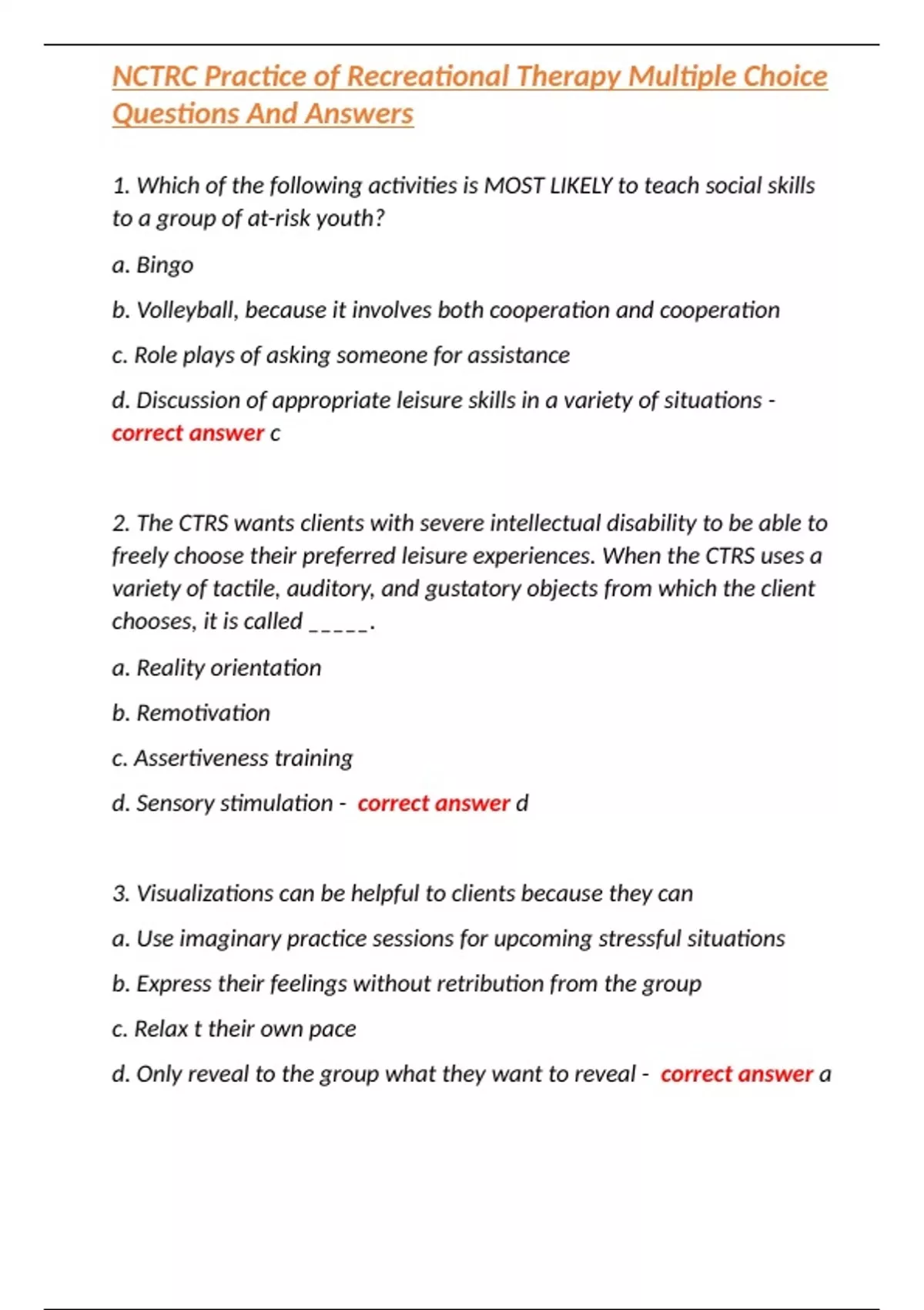 NCTRC Practice of Recreational Therapy Multiple Choice Questions And ...