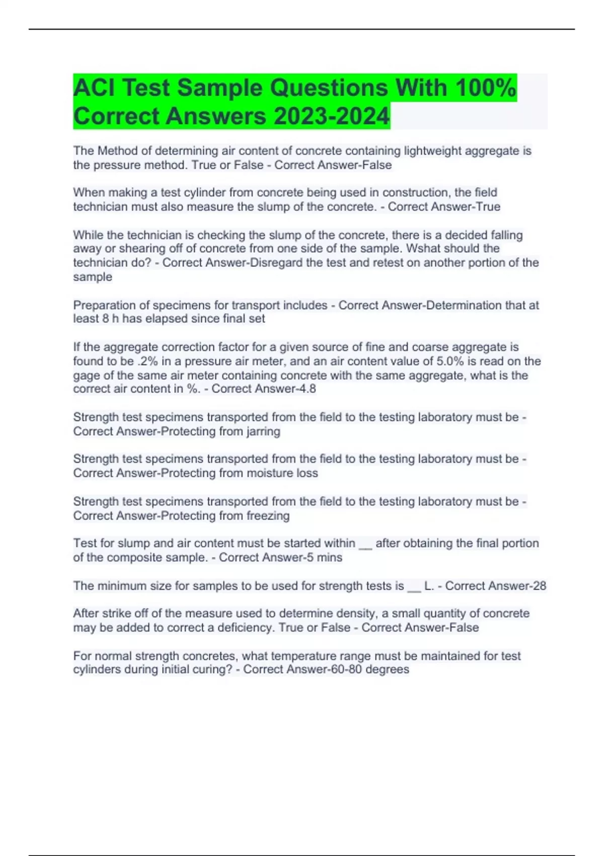 ACI Test Sample Questions With 100% Correct Answers - ACI - Stuvia US