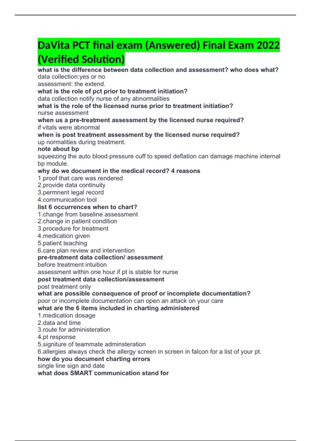 DaVita PCT final exam (Answered) Final Exam 2022 (Verified Solution ...